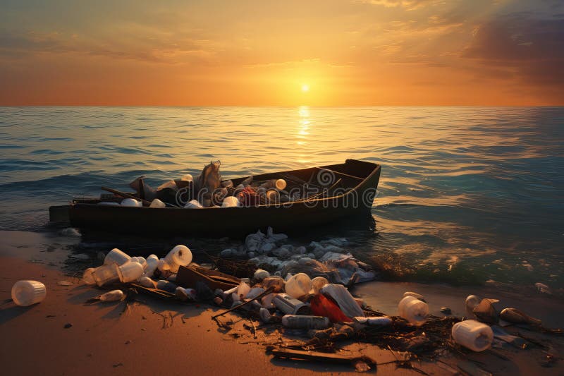 Pollution Problem: Boat Amidst Plastic Waste at Sunset Stock Photo ...