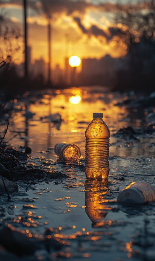 Pollution Reflected in Water at Sunset with Discarded Plastic Waste ...