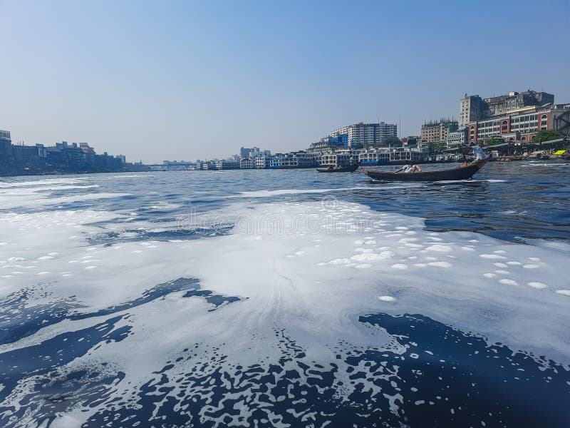 Pollution on the River. Foamy Scum Due To Chemicals and Algae. Dirty ...
