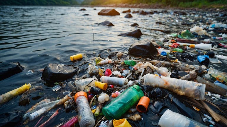 Pollution on the River. Garbage and Trash Around and in the Water Stock ...
