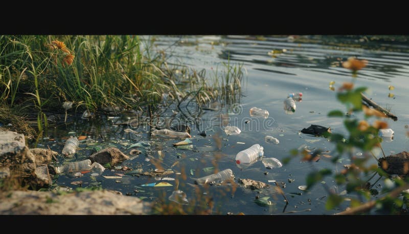 Pollution in a River with Plastic Bottles Floating among Vegetation on ...
