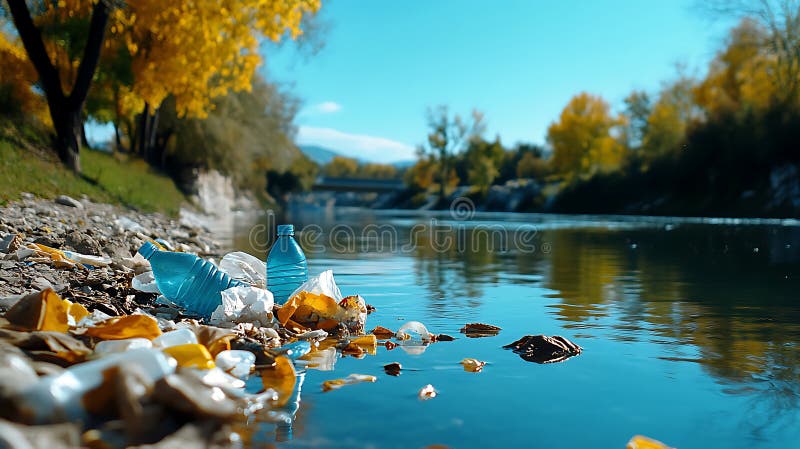 Pollution in River with Plastic Waste and Debris Stock Illustration ...
