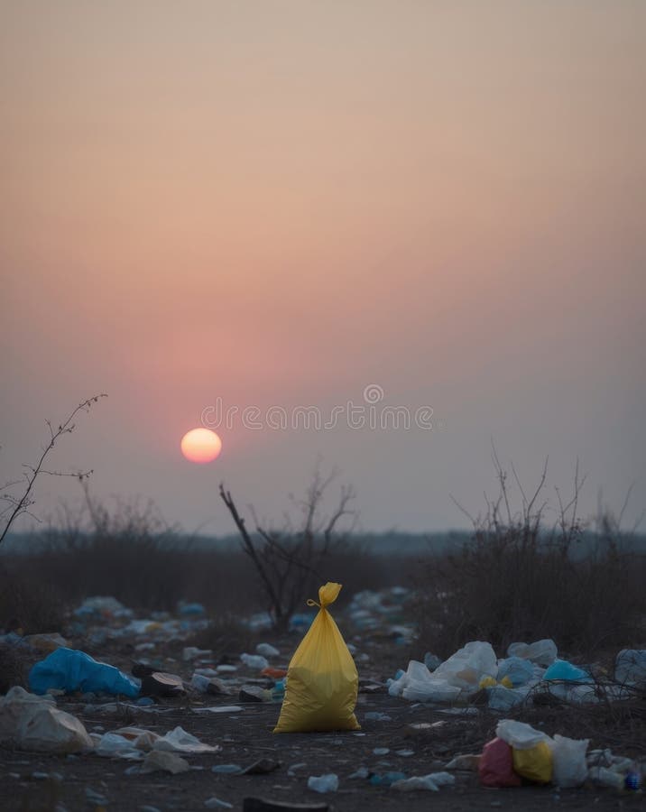 Pollution at Sunset a Yellow Plastic Bag among Litter in a Natural ...