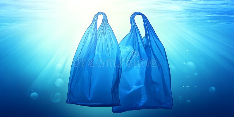 Pollution Two Blue Plastic Bags Underwater Ocean Waste Environmental ...