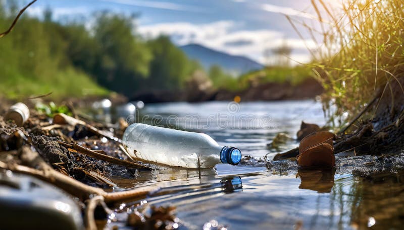 Pollution at Water with Garbage in River Stock Illustration ...