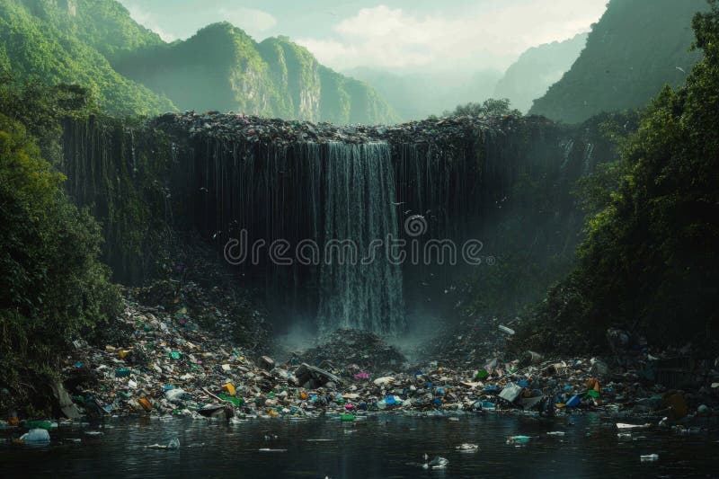 Pollution at Waterfall with Trash Overflowing in Nature Scene Stock ...