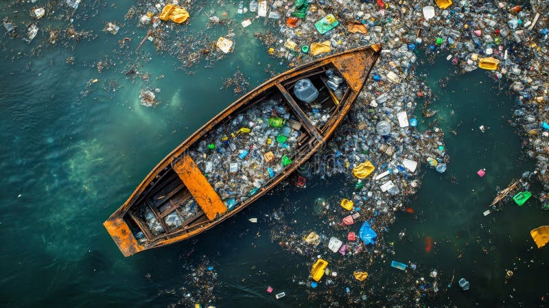 Pollution in Waterway with Boat Surrounded by Floating Trash Stock ...