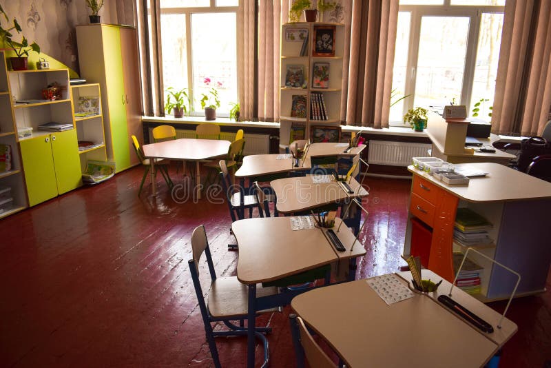 Poltava, Ukraine - April 4, 2019: a School Classroom with Desks Where ...