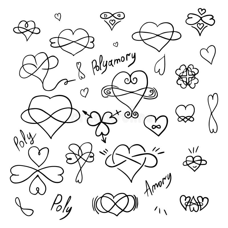 Polyamorous Set of Heart and Infinity Symbol in Doodle Style. Polygamy ...