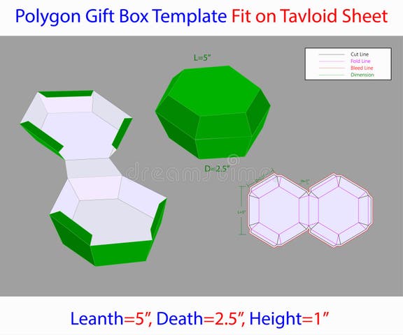 36 Polygon Gift Box 5x2.5x1 Inch Dieline Template Stock Vector ...