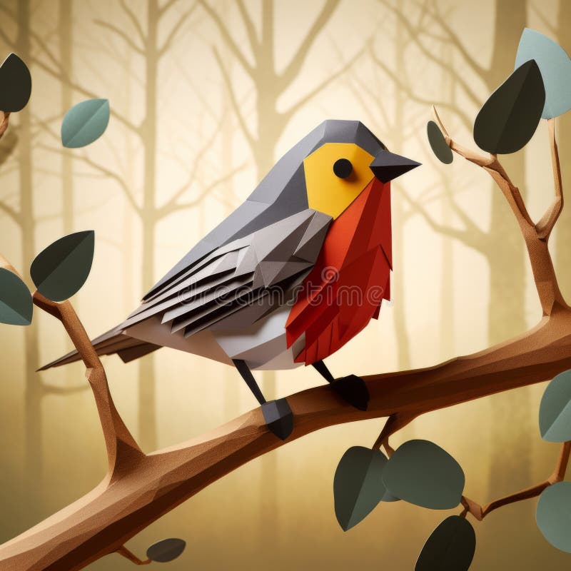 Polygon Robin Paper Craft on Tree Branch Wall Decoration Diy Stock ...