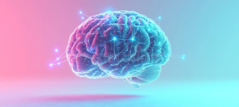 Polygonal Brain Floating with Glowing Connections on Gradient ...
