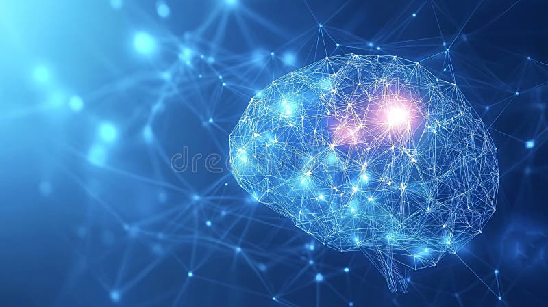 Polygonal Brain is Glowing and Connecting in a Network on a Blue ...