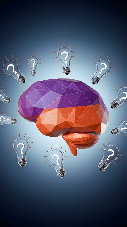 Polygonal Brain with Light Bulbs, Question Marks, Against Blue Gradient ...