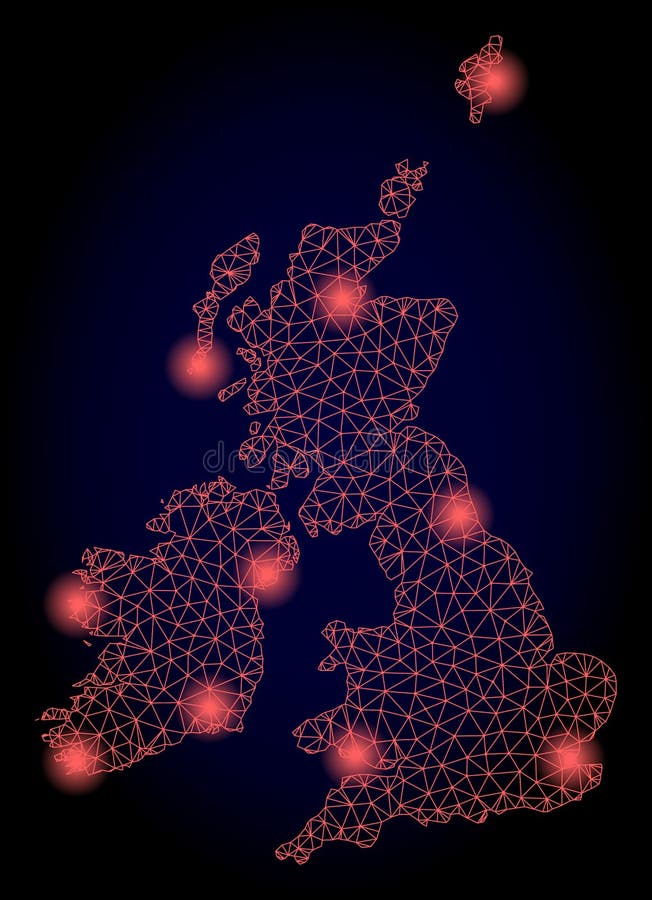 Polygonal Carcass Mesh Map of Great Britain and Ireland with Red Light ...