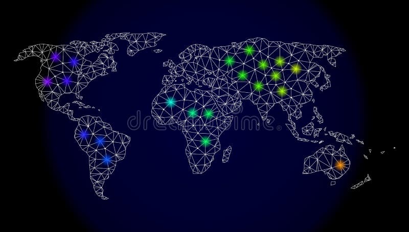 Polygonal Carcass Mesh Map of World with Bright Light Spots Stock ...