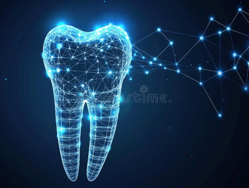 Glowing Polygonal Digital 3d Tooth on a Dark Blue Background with ...
