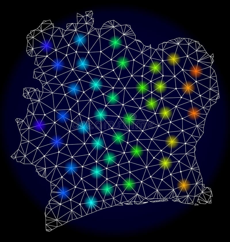 Polygonal 2D Mesh Map of Ivory Coast with Bright Light Spots Stock ...