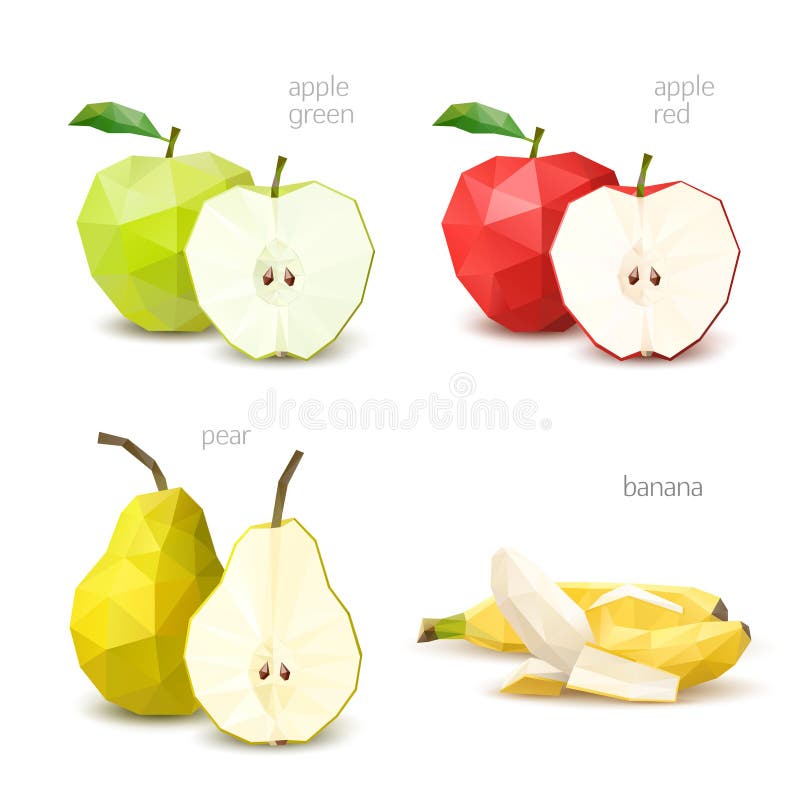 Polygonal Fruit - Green Apple, Red Apple, Pear, Banana. Vector I Stock ...