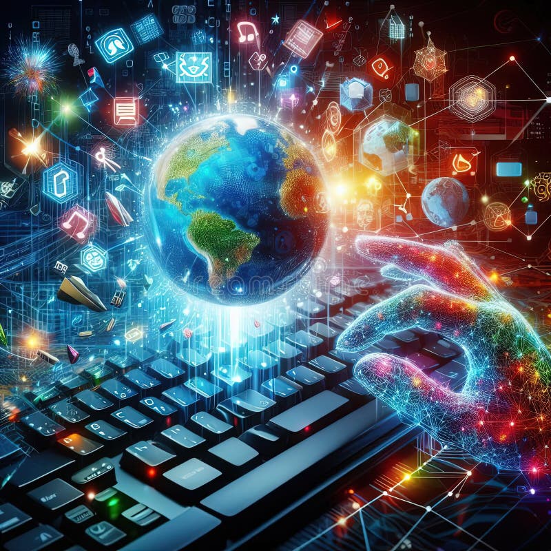 Hand Touching Holographic Earth Above Keyboard with Digital Icons ...