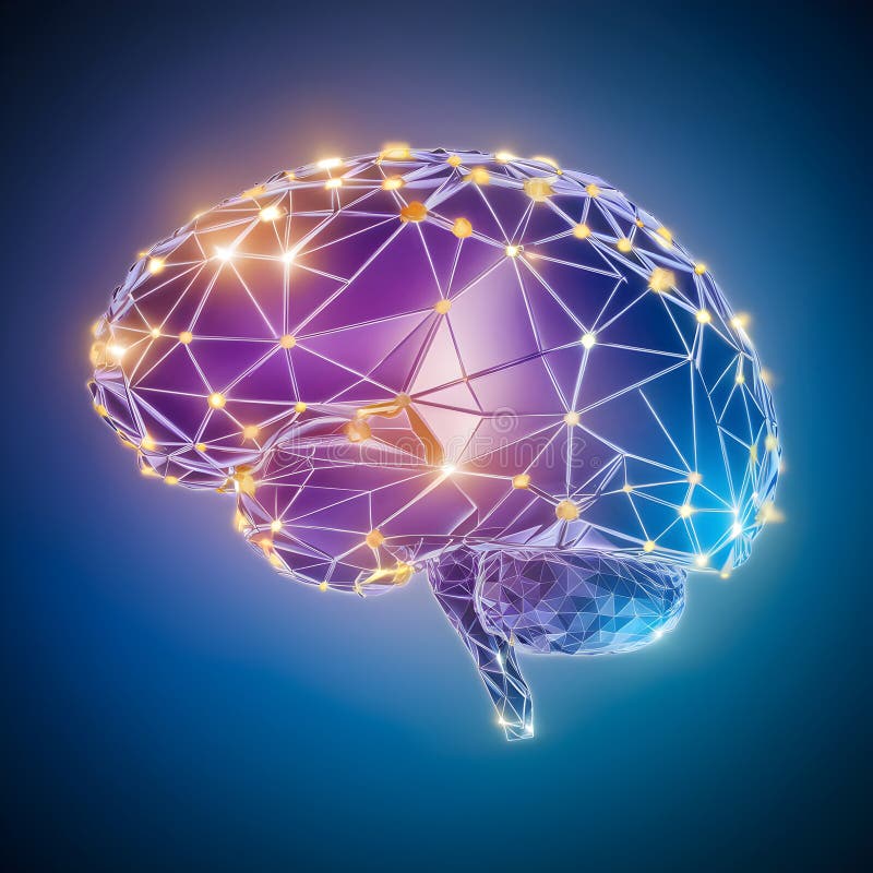 Polygonal Brain with Interconnected Triangles, Glowing Nodes, Digital ...