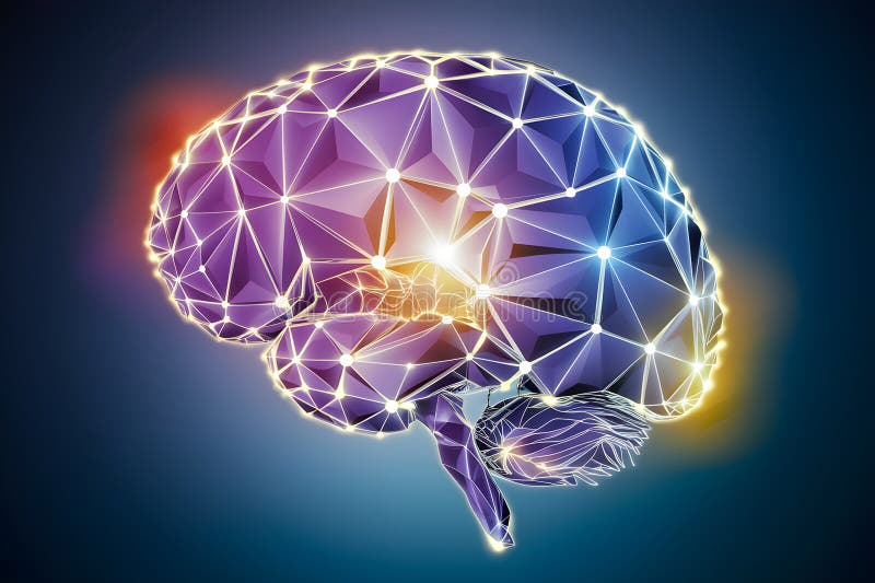 Polygonal Brain with Interconnected Triangles, Glowing Nodes, Digital ...
