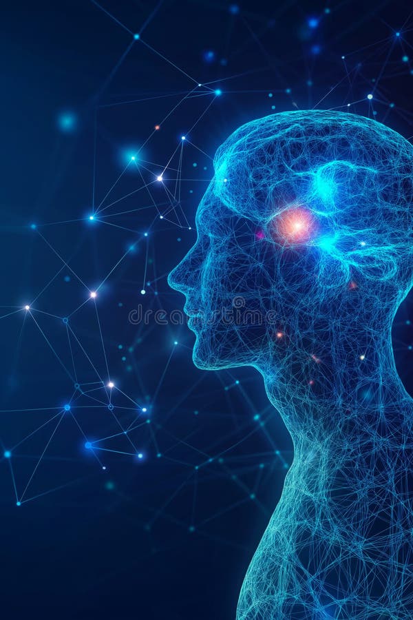 Polygonal Human Head Mesh with Network and Glowing Dots, Symbolizing ...