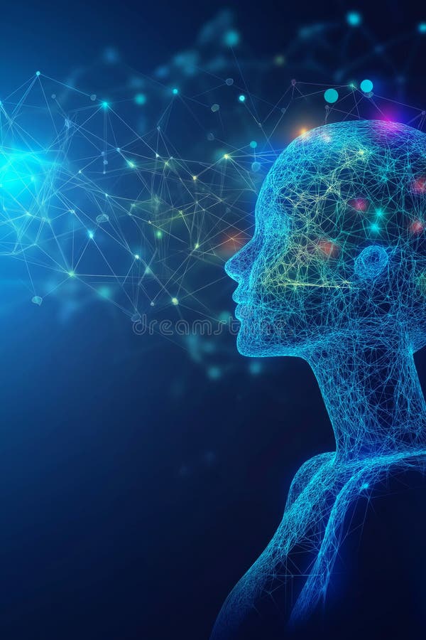 Polygonal Human Head Mesh with Network and Glowing Dots, Symbolizing ...