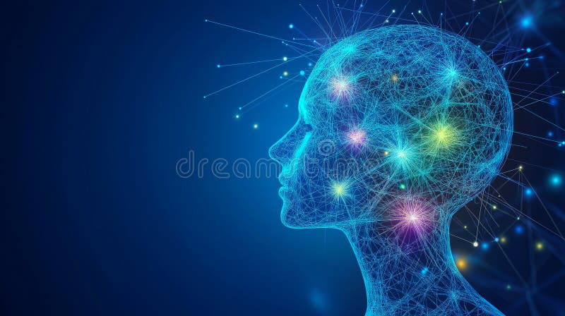 Polygonal Human Head Mesh with Network and Glowing Dots, Symbolizing ...