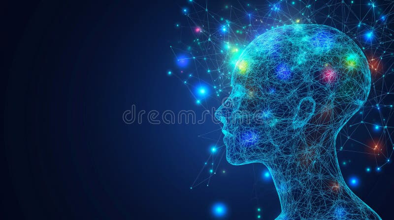 Polygonal Human Head Mesh with Network and Glowing Dots, Symbolizing ...