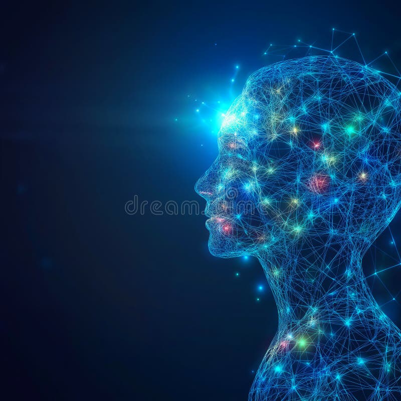 Polygonal Human Head Mesh with Network and Glowing Dots, Symbolizing ...