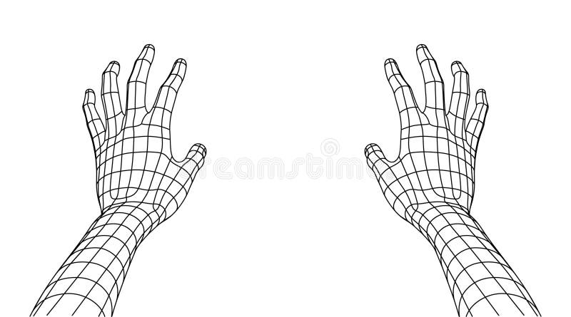 Polygonal Mesh or Wireframe Hands Open and Reaching in Front of Viewer ...