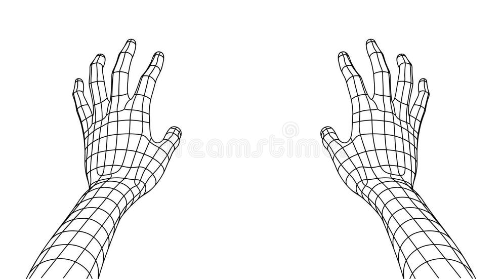 Polygonal Mesh or Wireframe Hands Open and Reaching in Front of Viewer ...