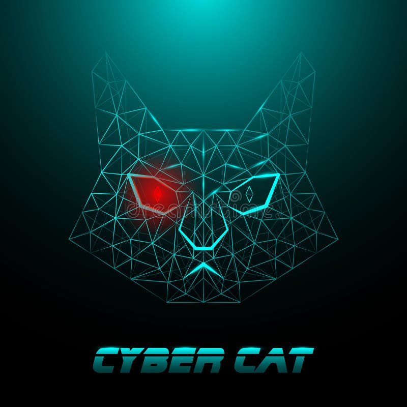 Polygonal Muzzle of a Cyber Cat with a Luminous Red Eye. Highlighted ...