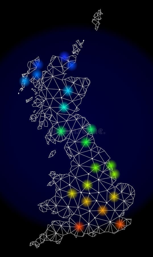 Polygonal Network Mesh Map of Great Britain with Bright Light Spots ...