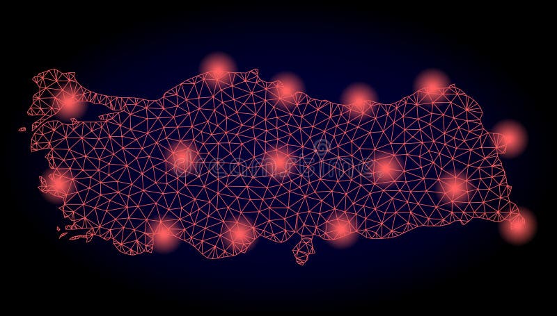 Polygonal Network Mesh Map of Turkey with Red Light Spots Stock ...