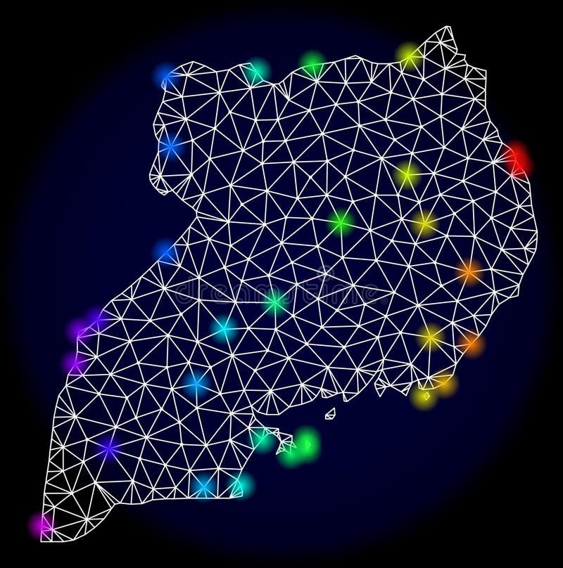 Polygonal Network Mesh Map of Uganda with Bright Spectrum Light Spots ...