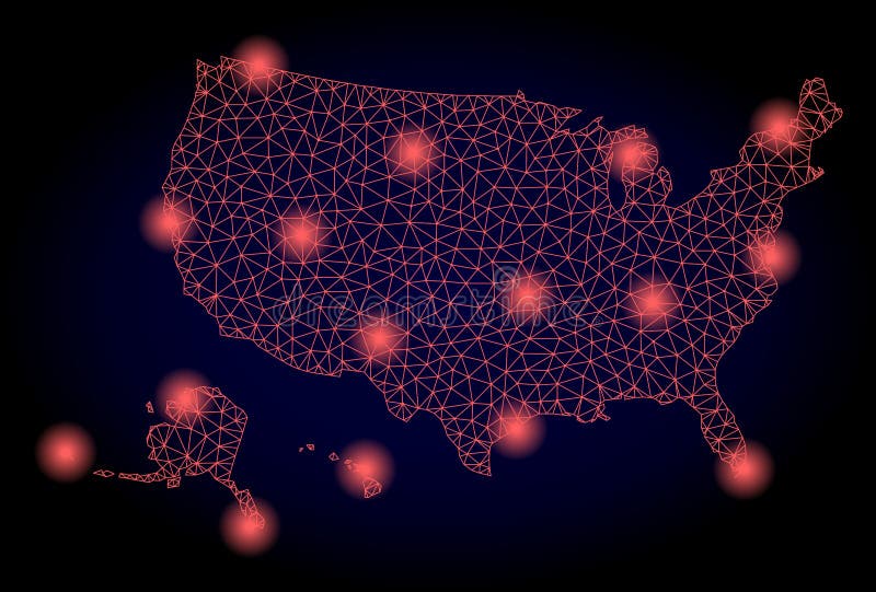 Polygonal Network Mesh Map of USA Territories with Red Light Spots ... Polygonal Network Mesh Map of USA Territories with Red Light Spots ...