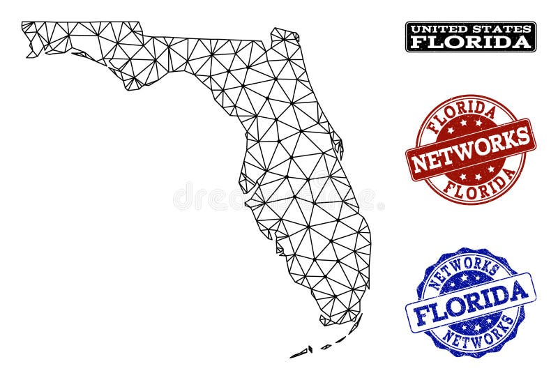 Polygonal Network Mesh Vector Map of Florida State and Network Grunge ...