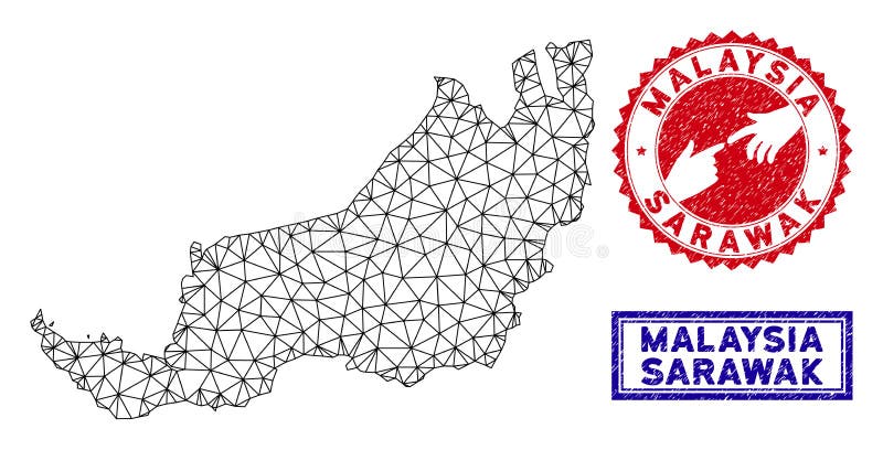 Polygonal Network Sarawak State Map and Grunge Stamps Stock Vector ...