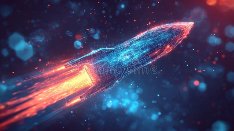 Polygonal Rocket Flying through Space with Fiery Trail Stock ...