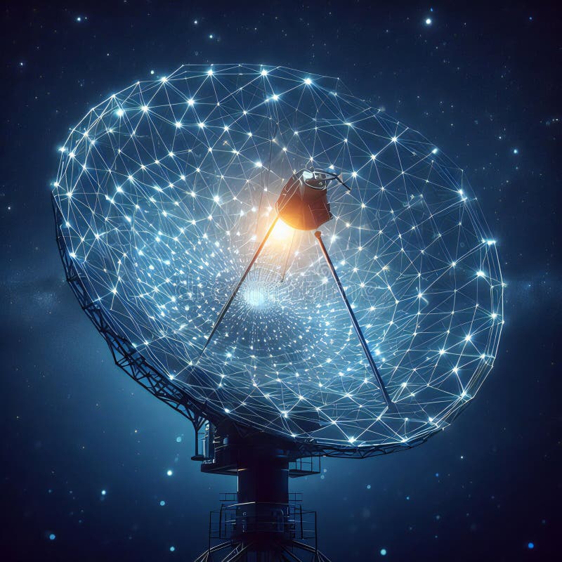 Polygonal Satellite Dish Transmitting Data with Satellite Against Deep ...