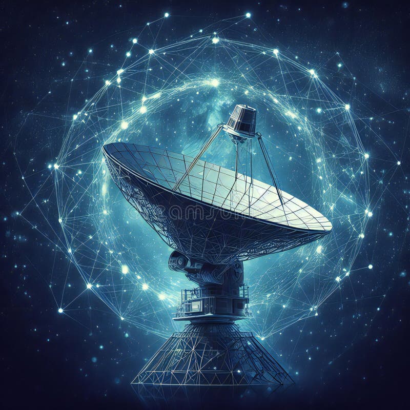 Polygonal Satellite Dish Transmitting Data with Satellite Against Deep ...