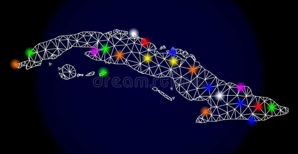 Polygonal Wire Frame Mesh Map of Cuba with Bright Light Spots Stock ...