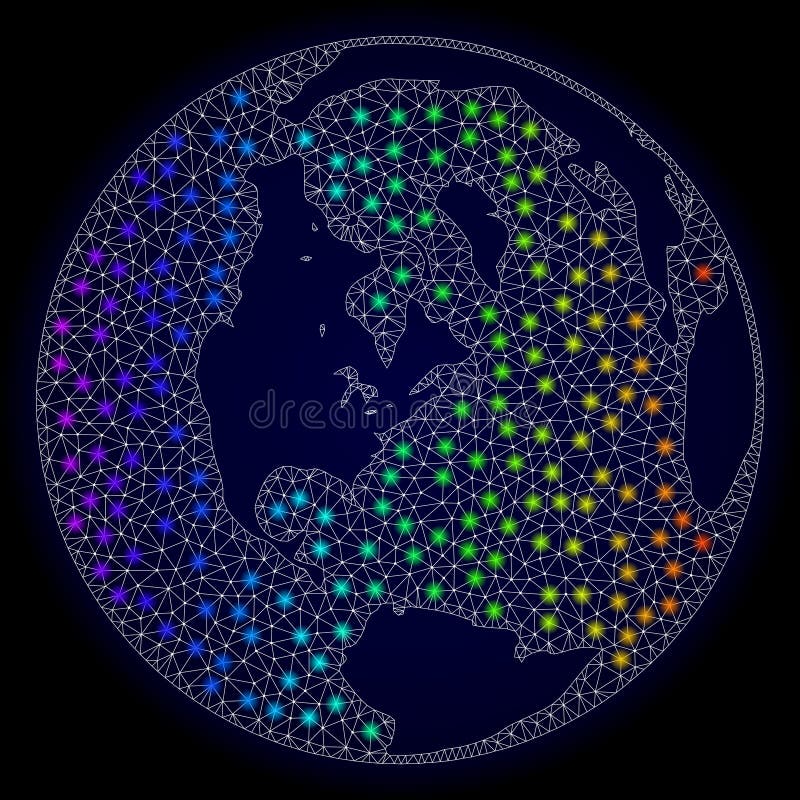 Polygonal Wire Frame Mesh Map of Global Ocean with Bright Light Spots ...