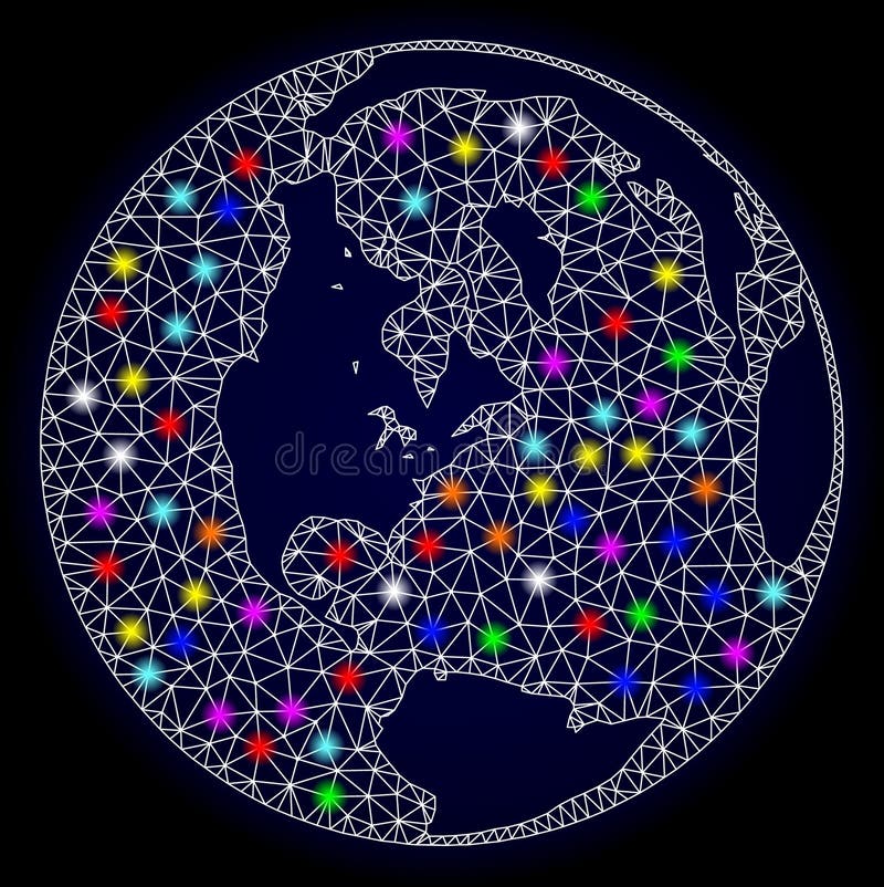 Polygonal Wire Frame Mesh Map of Global Ocean with Colorful Light Spots ...