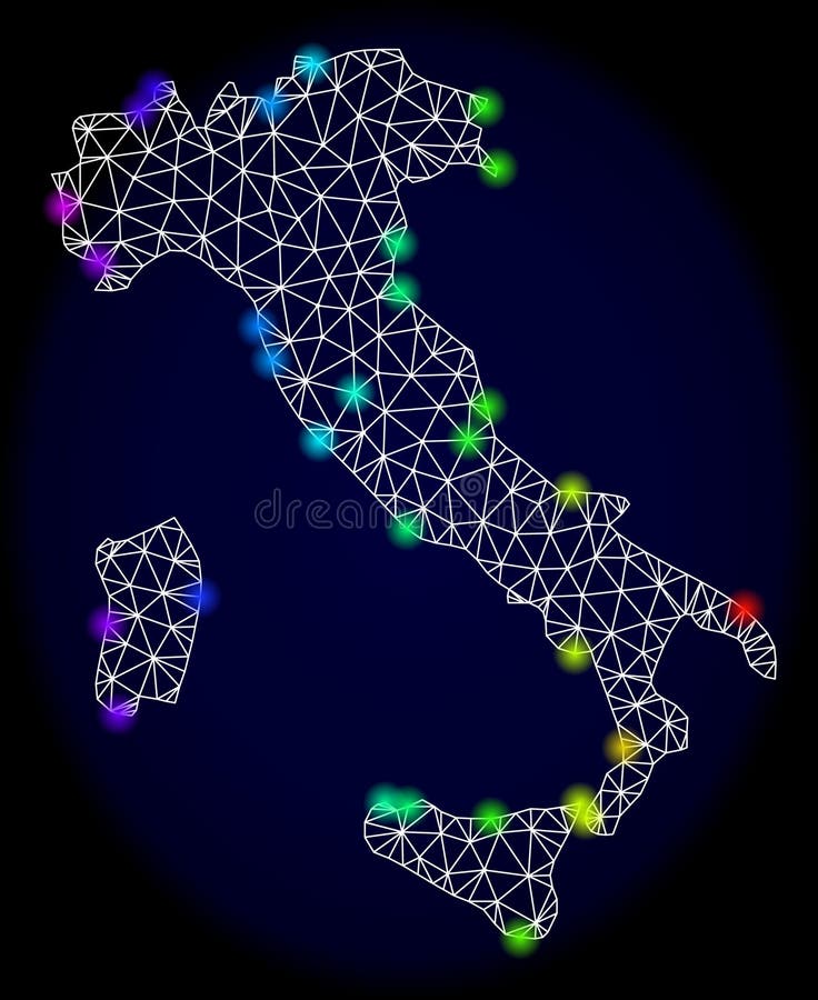 Polygonal Wire Frame Mesh Map of Italy with Bright Spectrum Light Spots ...