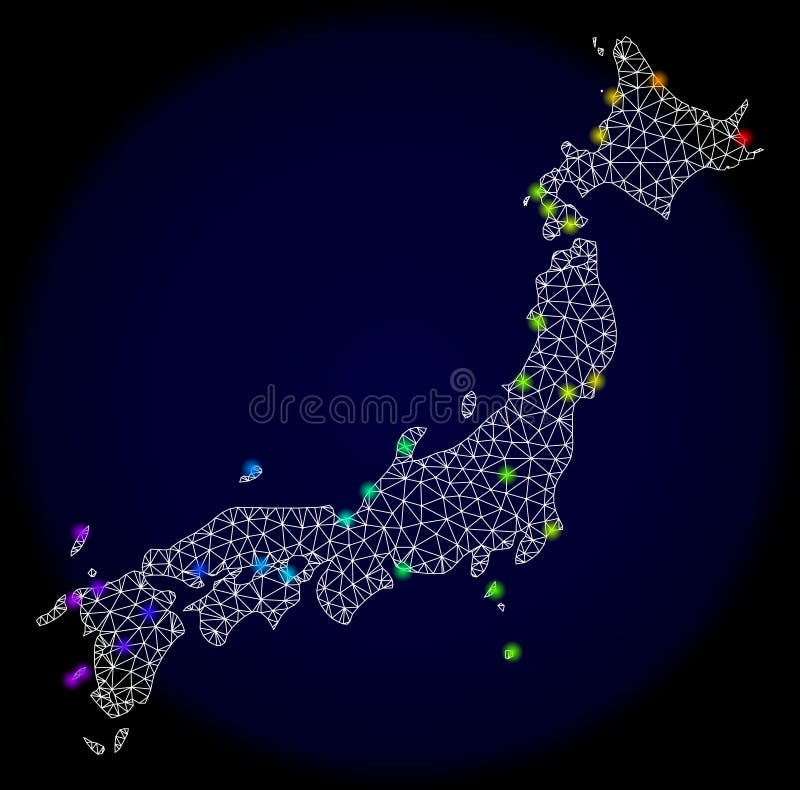 Polygonal Wire Frame Mesh Map of Japan with Bright Spectrum Light Spots ...