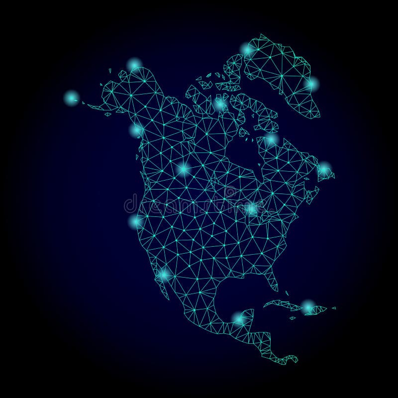 Polygonal Wire Frame Mesh Map of North America with Light Spots Stock ...