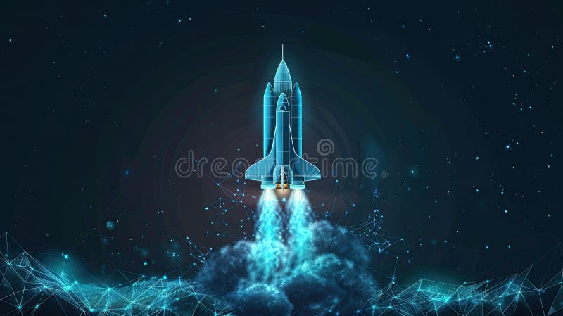Abstract Space Shuttle Launches into Space. Glowing Rocket and Smoke ...